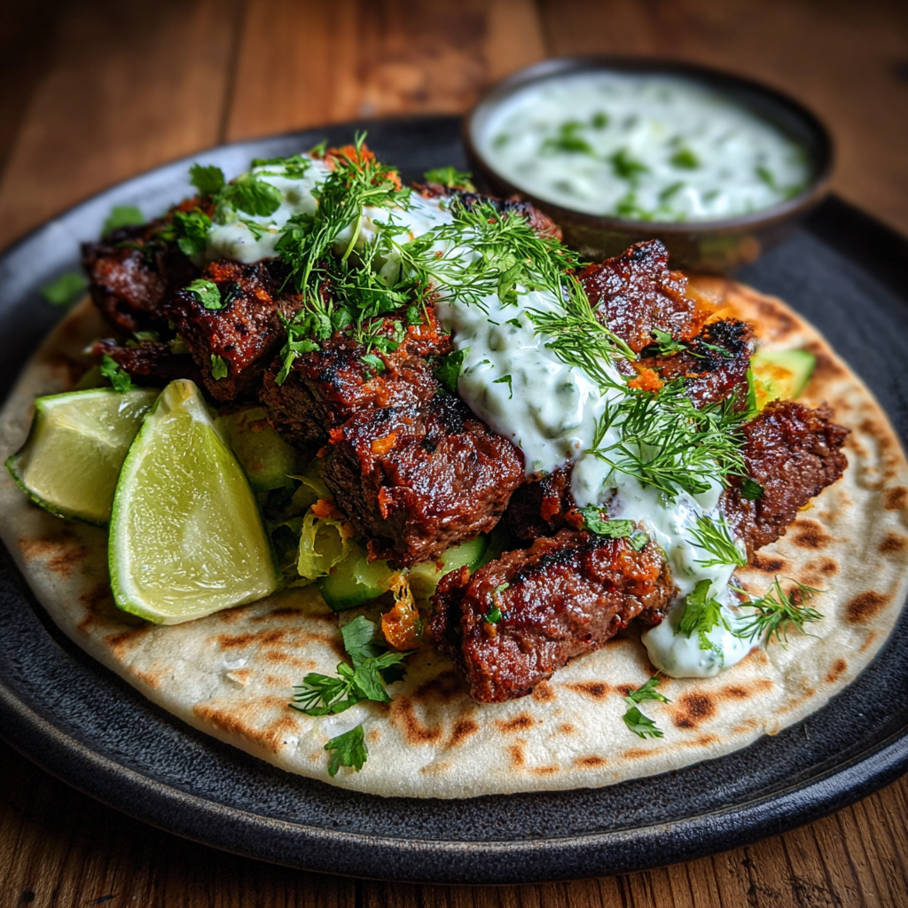 Smashed Beef Kebab with Cucumber Yogurt